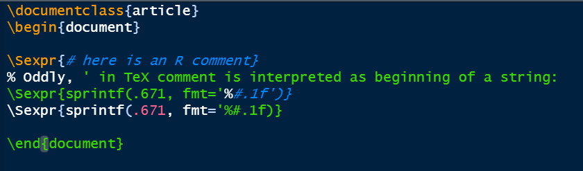 Syntax highlighting for Rnw treats % in string in R chunk as comment ...