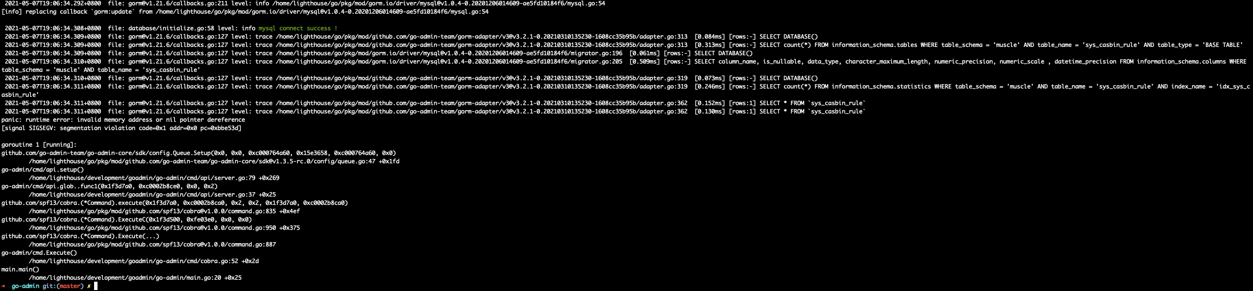 出错 ./go-admin server -c config/settings.yml · Issue #410 · go-admin-team/go-admin · GitHub