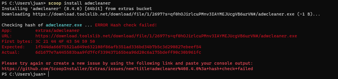 [Bug]: ERROR Hash check failed! · Issue #11781 · ScoopInstaller/Extras · GitHub