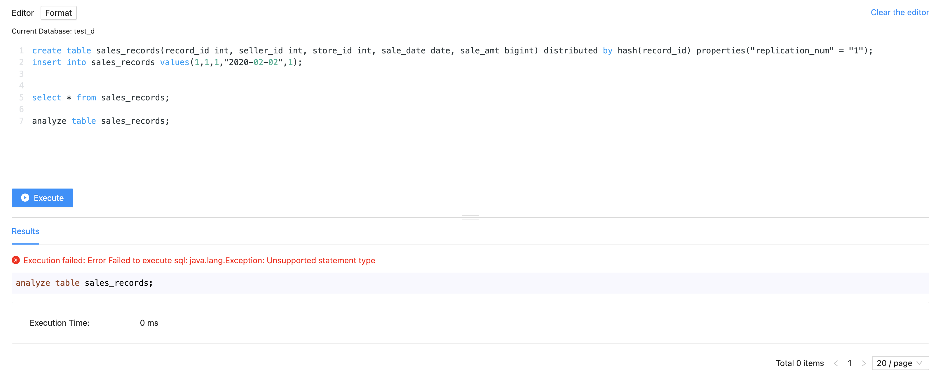 When execute command "analyze table" with fe web, got "Unsupported statement type" error [Bug ...