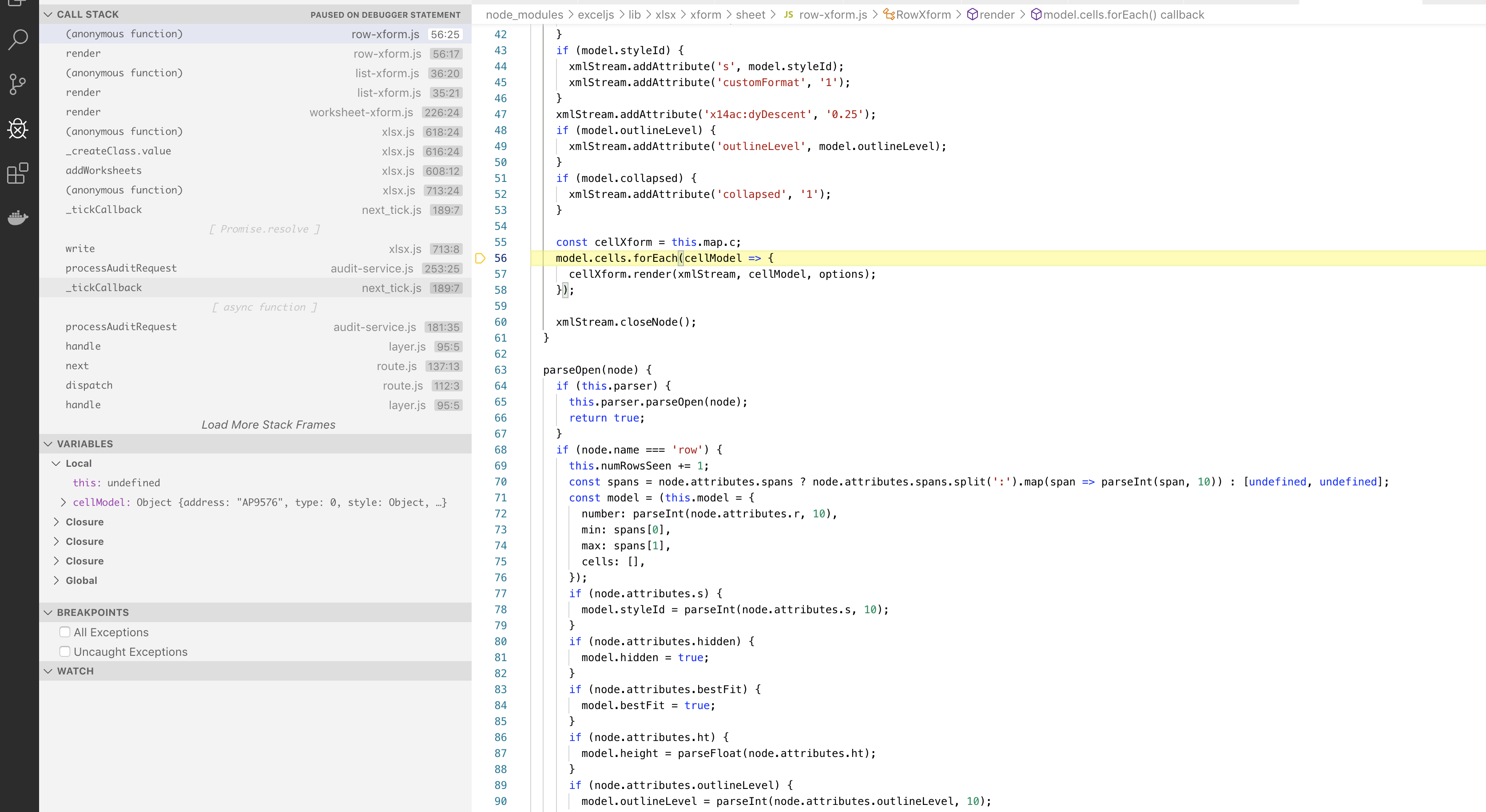In Vs Code Debugger Execution Stops On A Line In Row Xformjs · Issue 921 · Exceljsexceljs