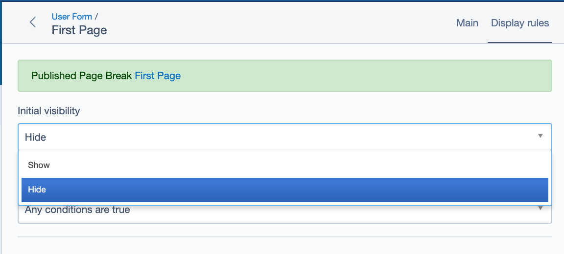 Initial visibility set to "hide" for page breaks is not honoured when loading the page on the ...