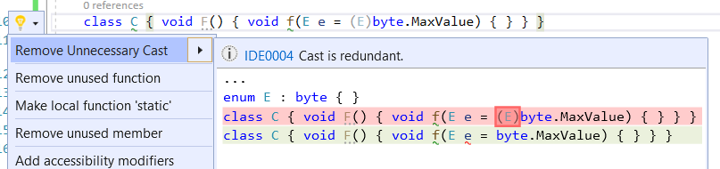 "Cast is Redundant" warning mistaken in local functions with default enum values, code fix ...
