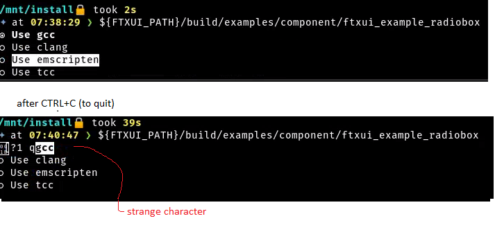 Strange character displayed on quitting · Issue #716 · ArthurSonzogni/FTXUI · GitHub