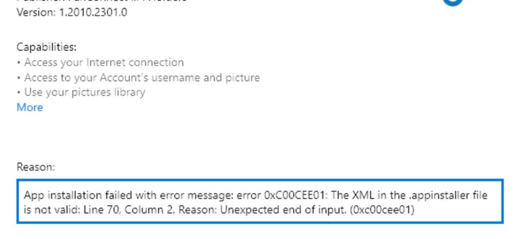 App Installer emitting a "The XML in the .appinstaller file is not valid: Line 70 Column 2 ...