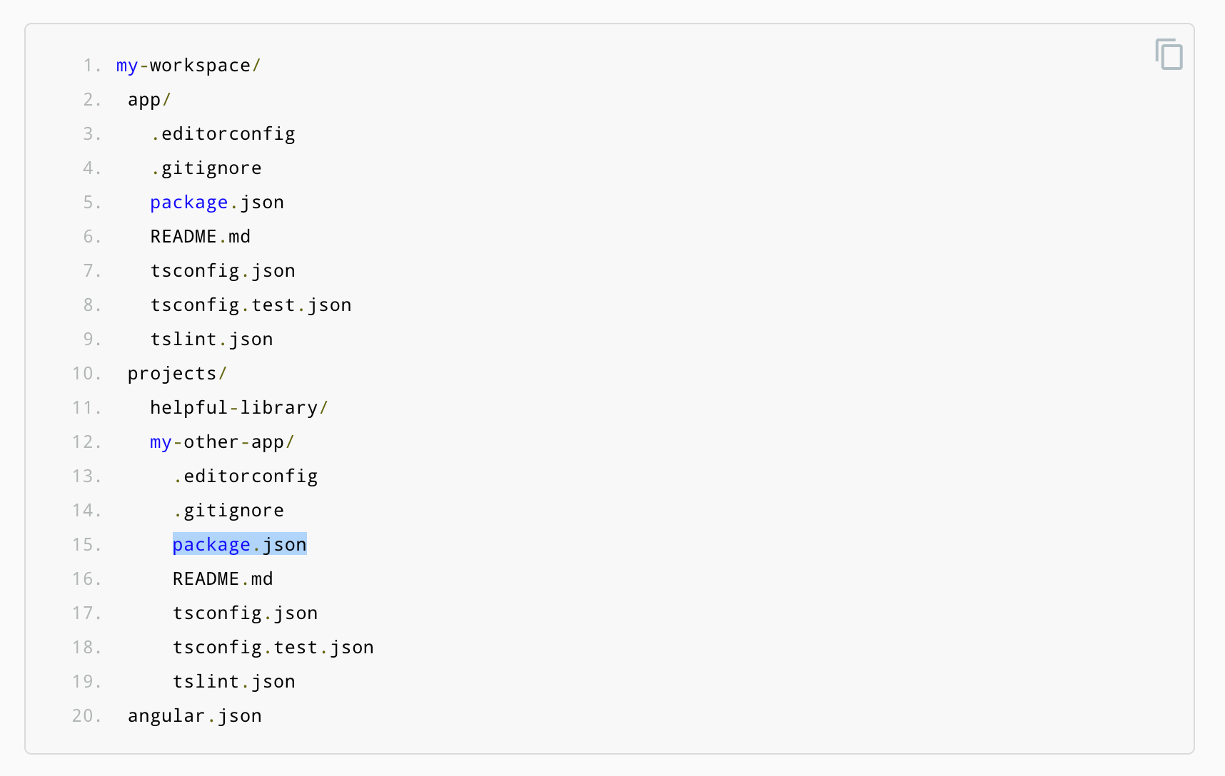 Docs: Inconsistency between docs & CLI generated code in the "Workspace ...