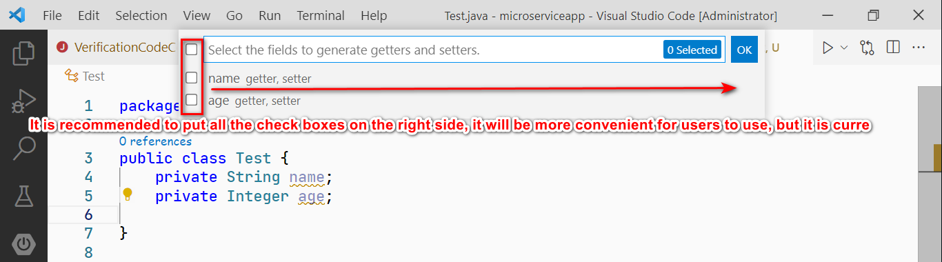 The generated getter and setter checkboxes are very inconvenient to use ...