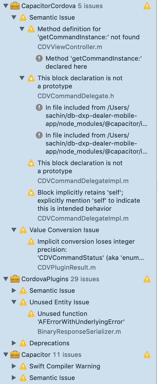 Bug Showing Warnings For Capacitorcordova Capacitor And Cordovaplugins In Ios Xcode · Issue