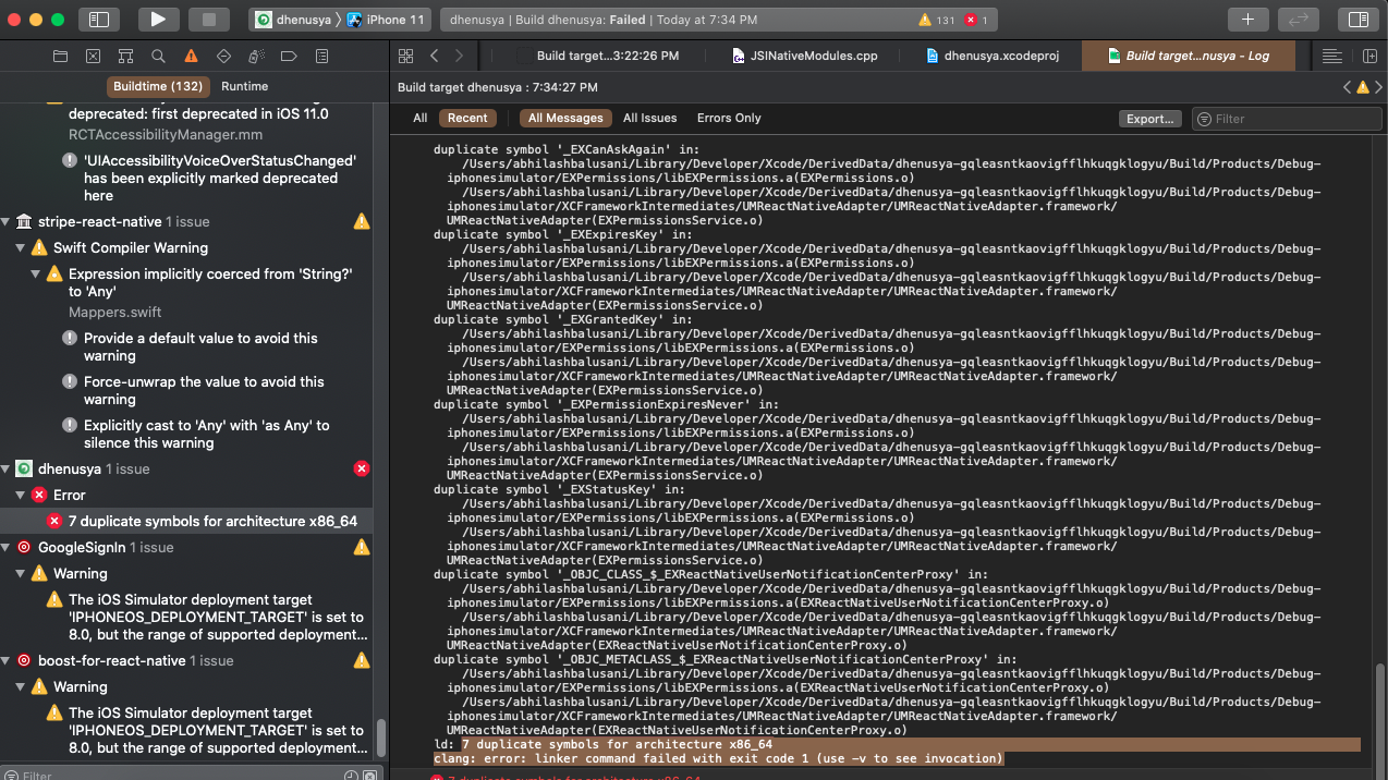 7 duplicate symbols for architecture x86_64 clang: error: linker command failed with exit code 1 ...