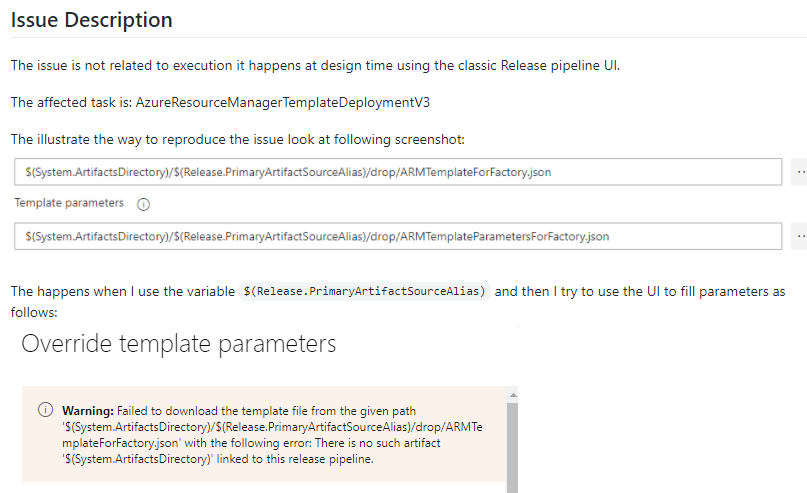 ARM template deployment v3 - Parameter overriding UI doesn't support Release ...