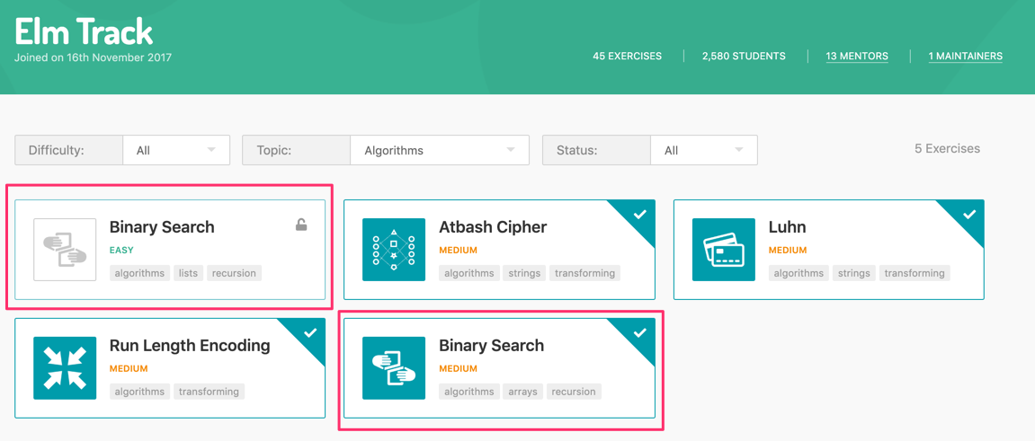 Duplicate Exercises showing for Isogram and Binary Search · Issue #258 · exercism/elm · GitHub