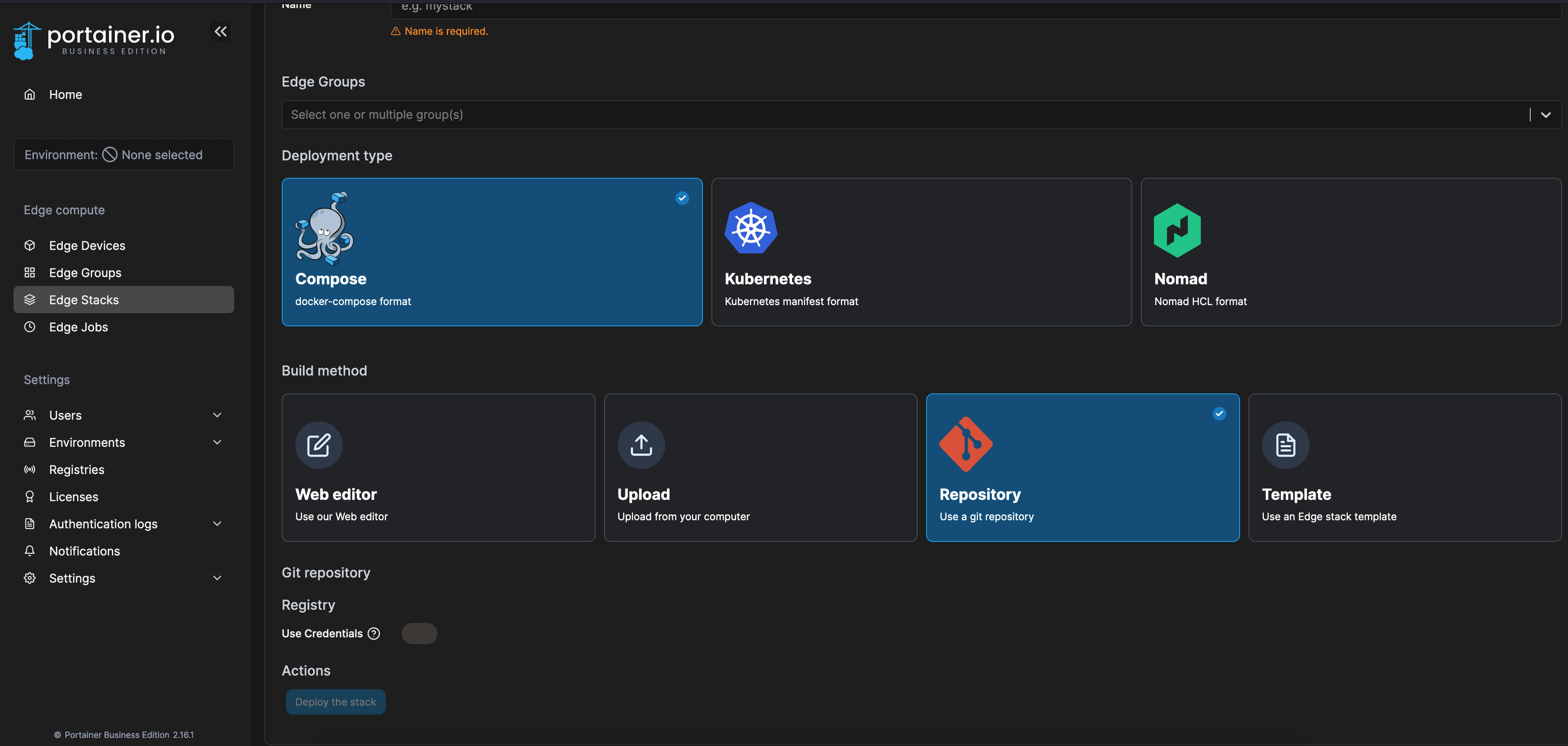 Git repository field is missing in edge stack · Issue #8072 · portainer/portainer · GitHub