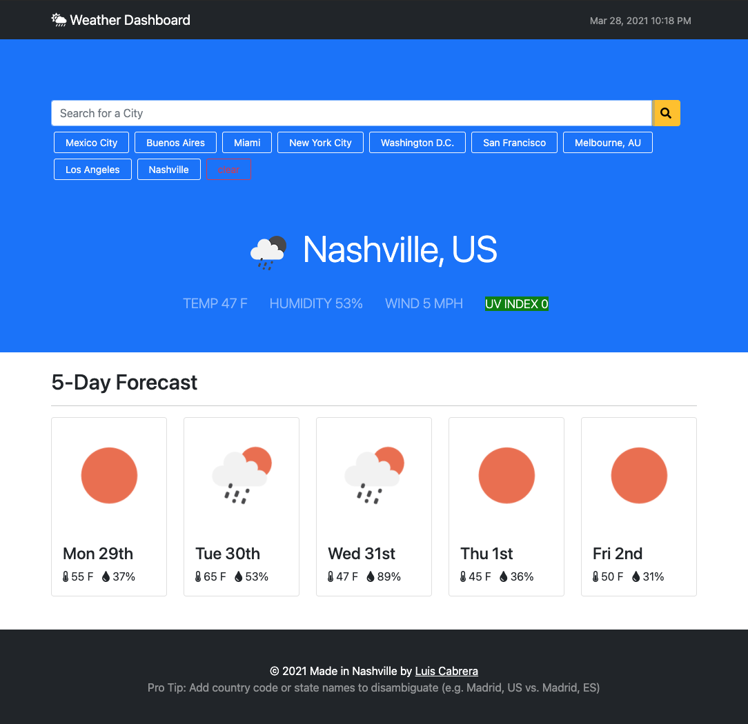 GitHub - luiscabrera77/weather-dashboard: Uses the OpenWeather API to retrieve weather data for ...