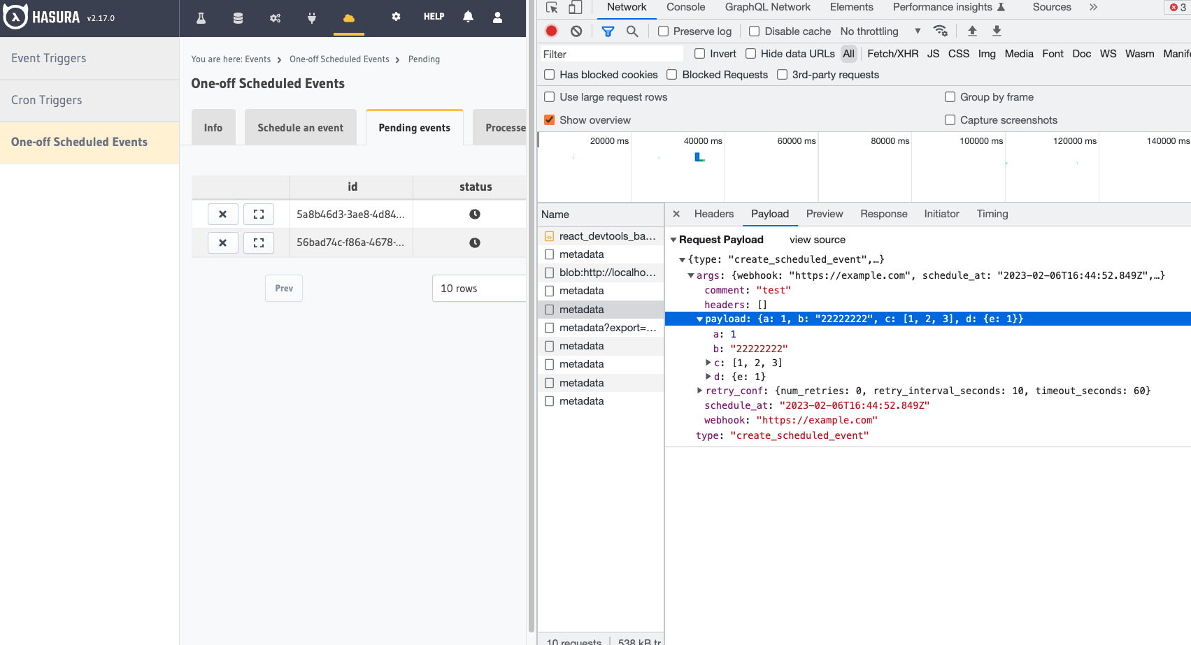 Creating one-off scheduled events with hasura web-console causes payload to be set to string ...