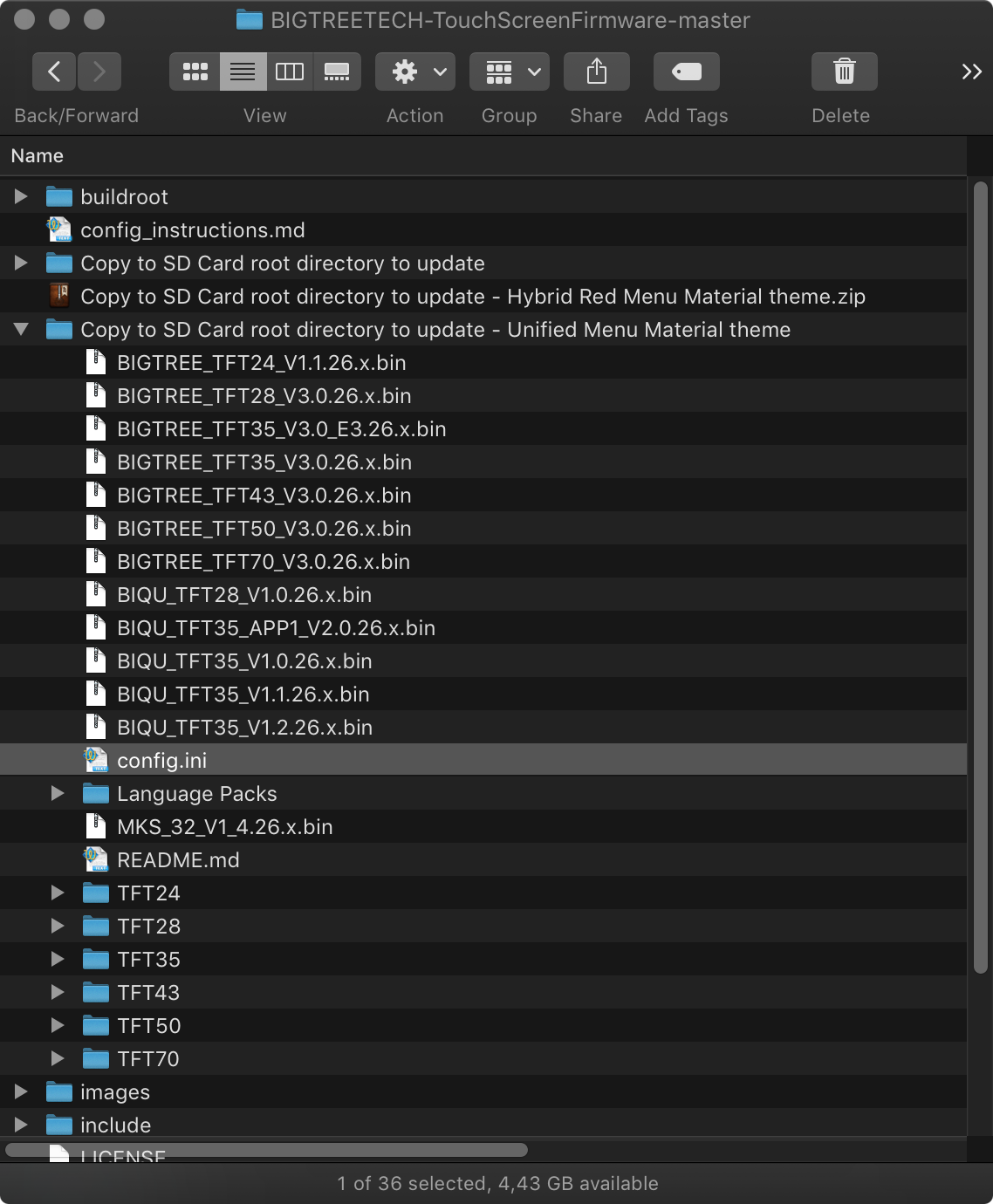 TFT35 V3.0 screen displays "Found outdated data: Fonts: Update required Config: Update required ...
