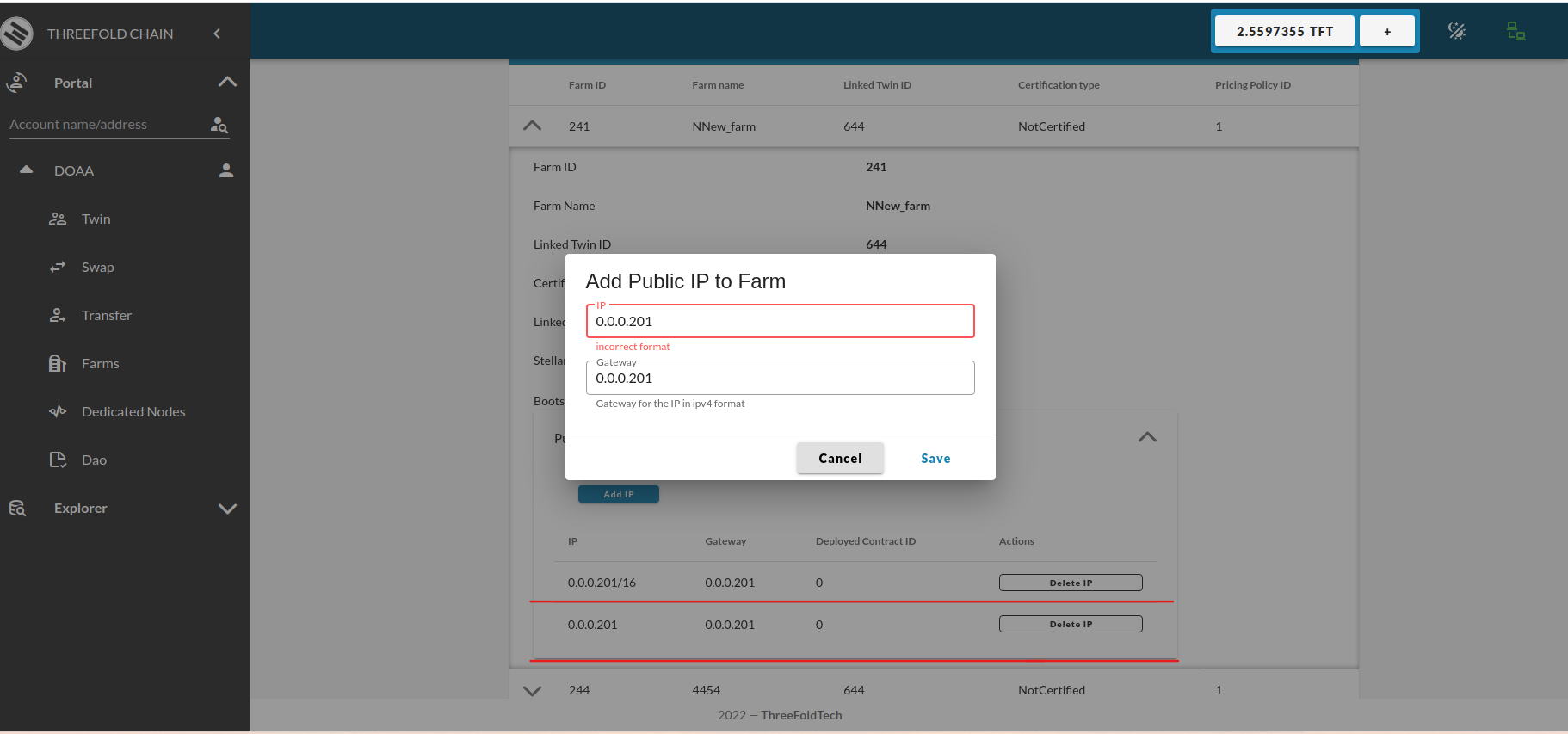 Invalid IP is added to Farm · Issue #208 · threefoldtecharchive/tfgrid_dashboard · GitHub