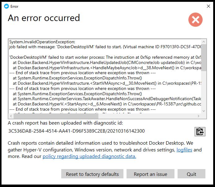 Dockerdesktopvm Failed To Start · Issue 10671 · Dockerfor Win · Github 1778