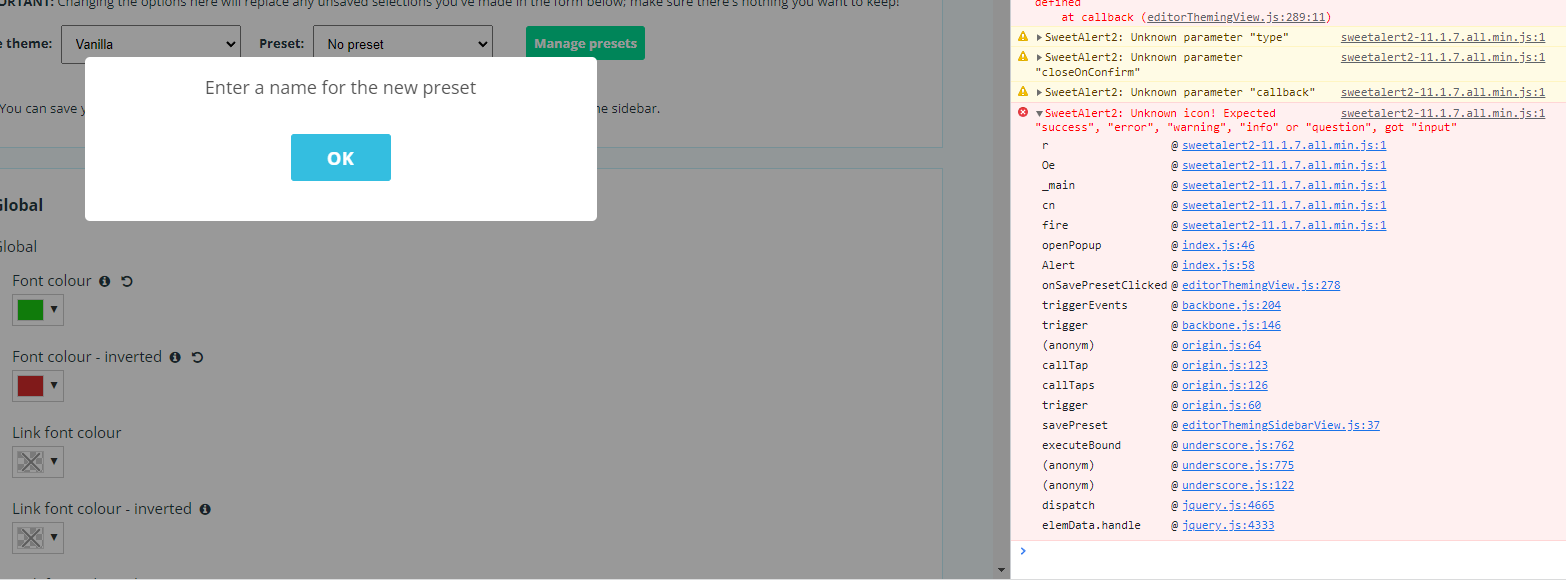 At Theme Picker, saving as preset logs out error · Issue #165 · adapt-security/adapt-authoring ...
