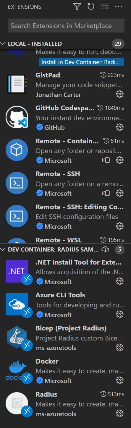 Radius extensions don't show up in list of installed extensions inside our dev container · Issue ...