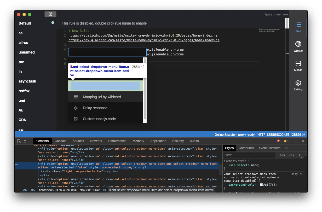 Text of selected quick rule in dark mode is invisibility · Issue #119 · alibaba/lightproxy · GitHub