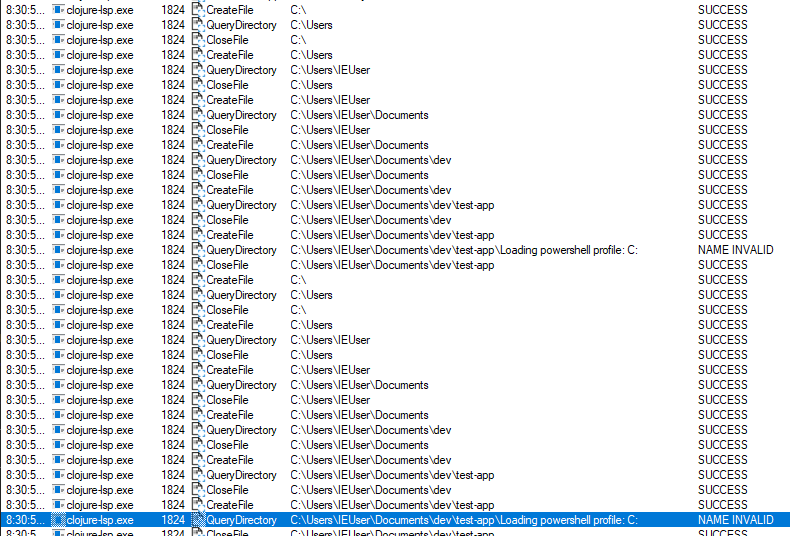 clojure-lsp.out shows "The filename, directory name, or volume label syntax is incorrect" as the ...