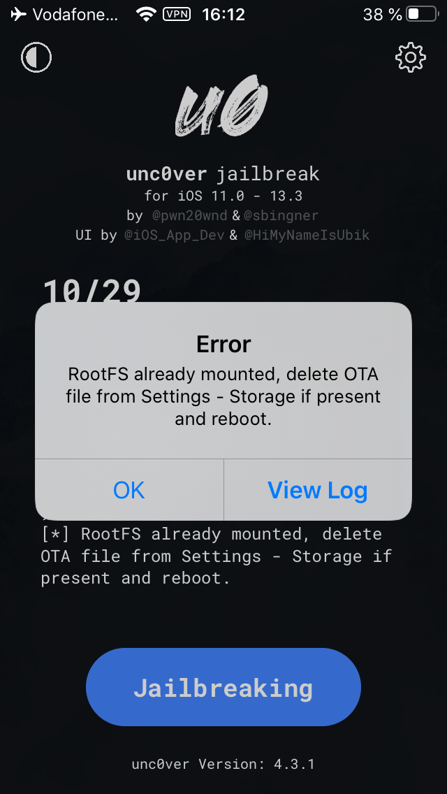Unable to jailbreak on jailed state with disabled OTA daemon · Issue #1932 · pwn20wndstuff ...