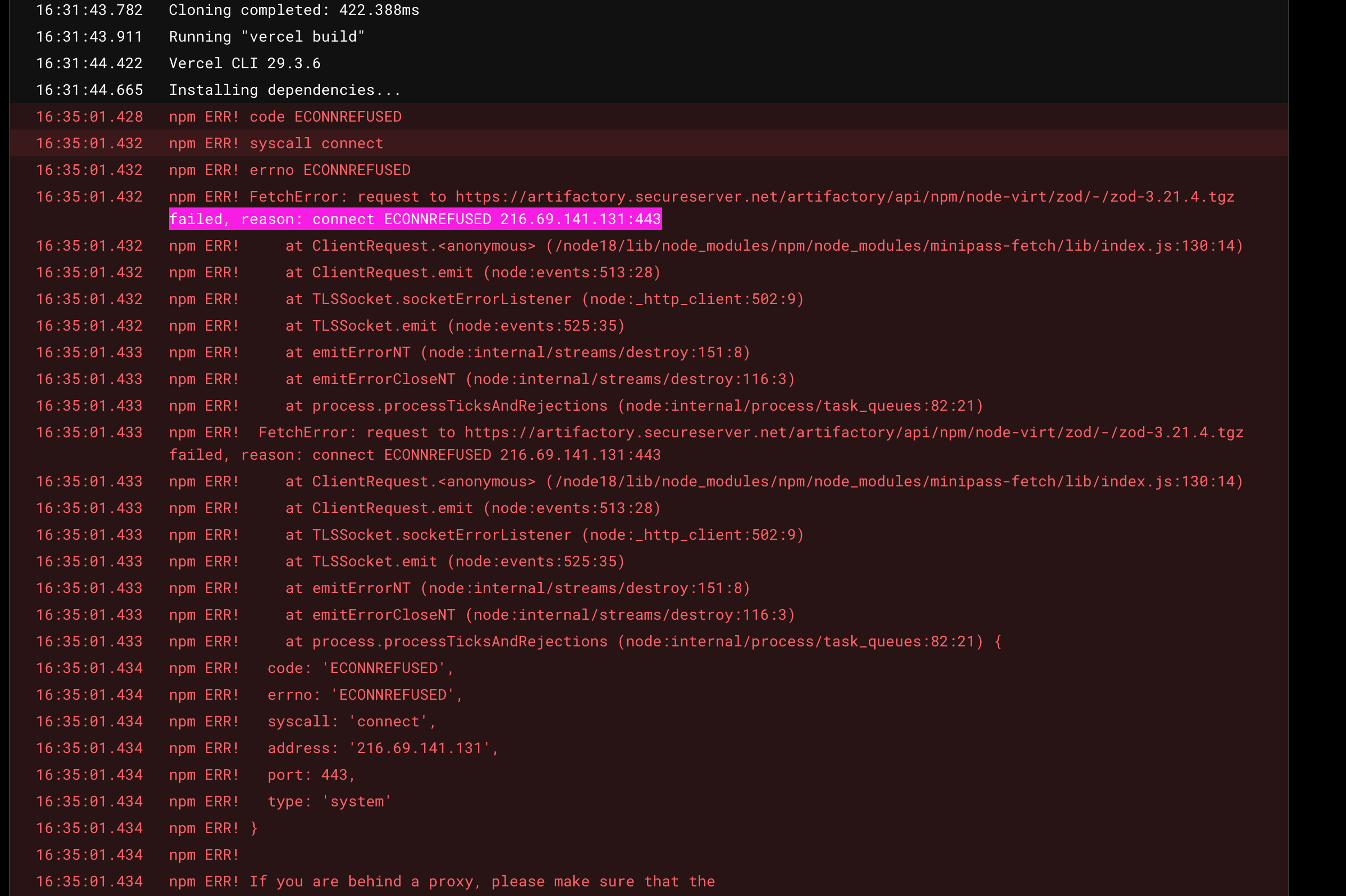 npm ERR! FetchError: request to https://artifactory.secureserver.net ...