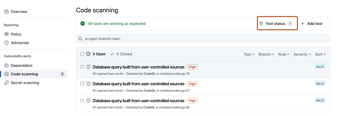 Code scanning shows the health of tools enabled on a repository ...