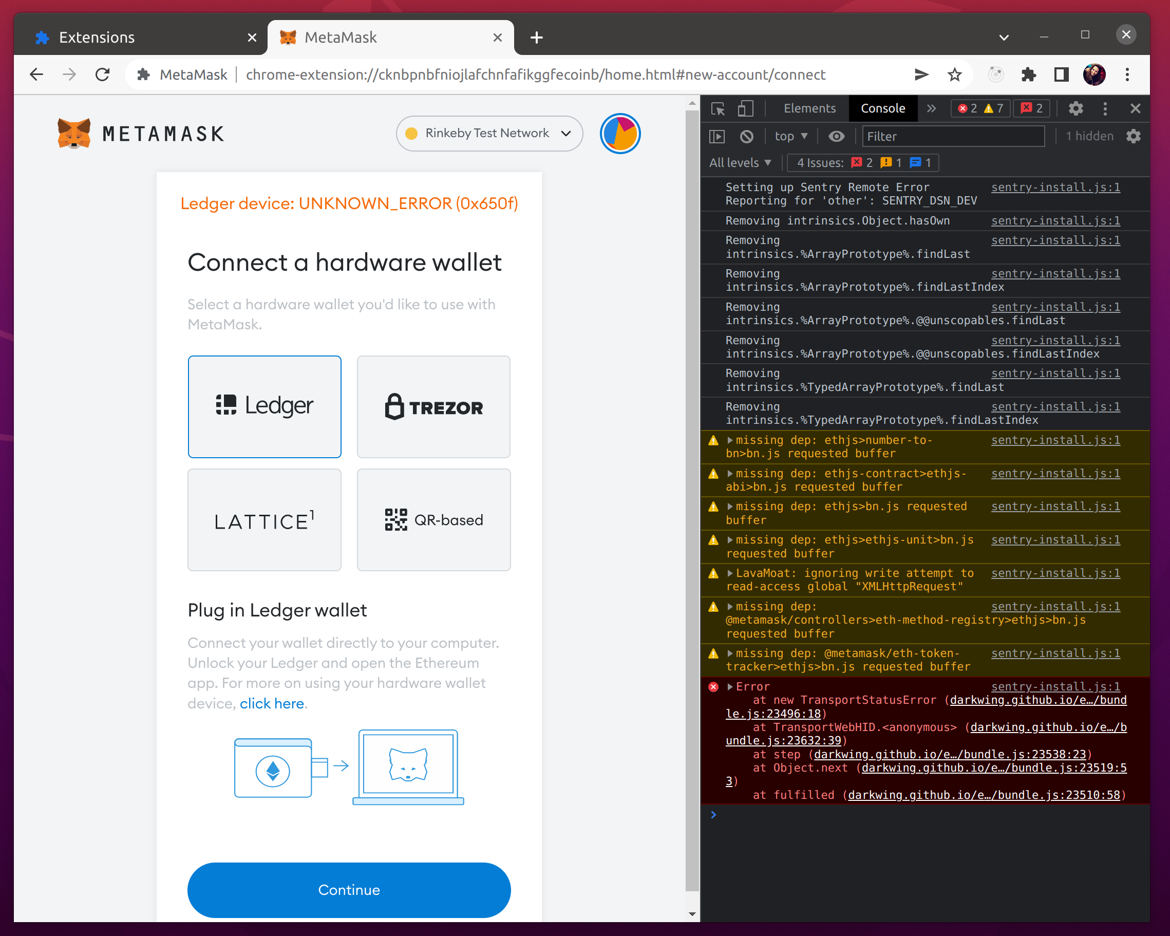 [Sentry] Error: Ledger device: Condition of use not satisfied (denied by the user?) (0x6985 ...
