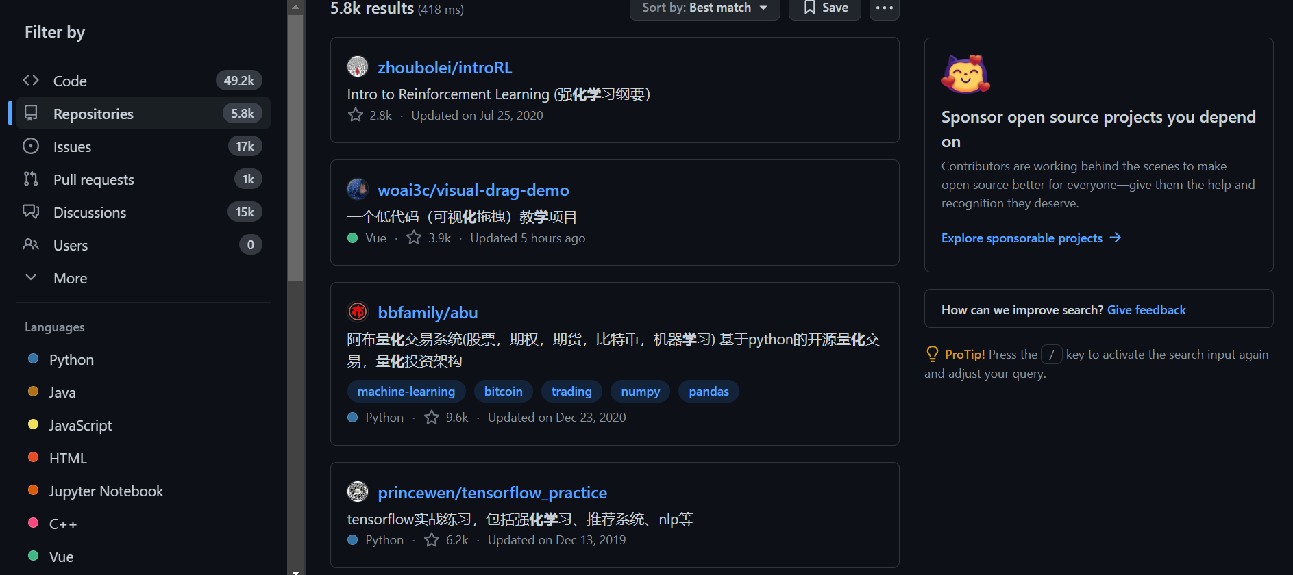 Github search with non-English keyword gives bad search result ...