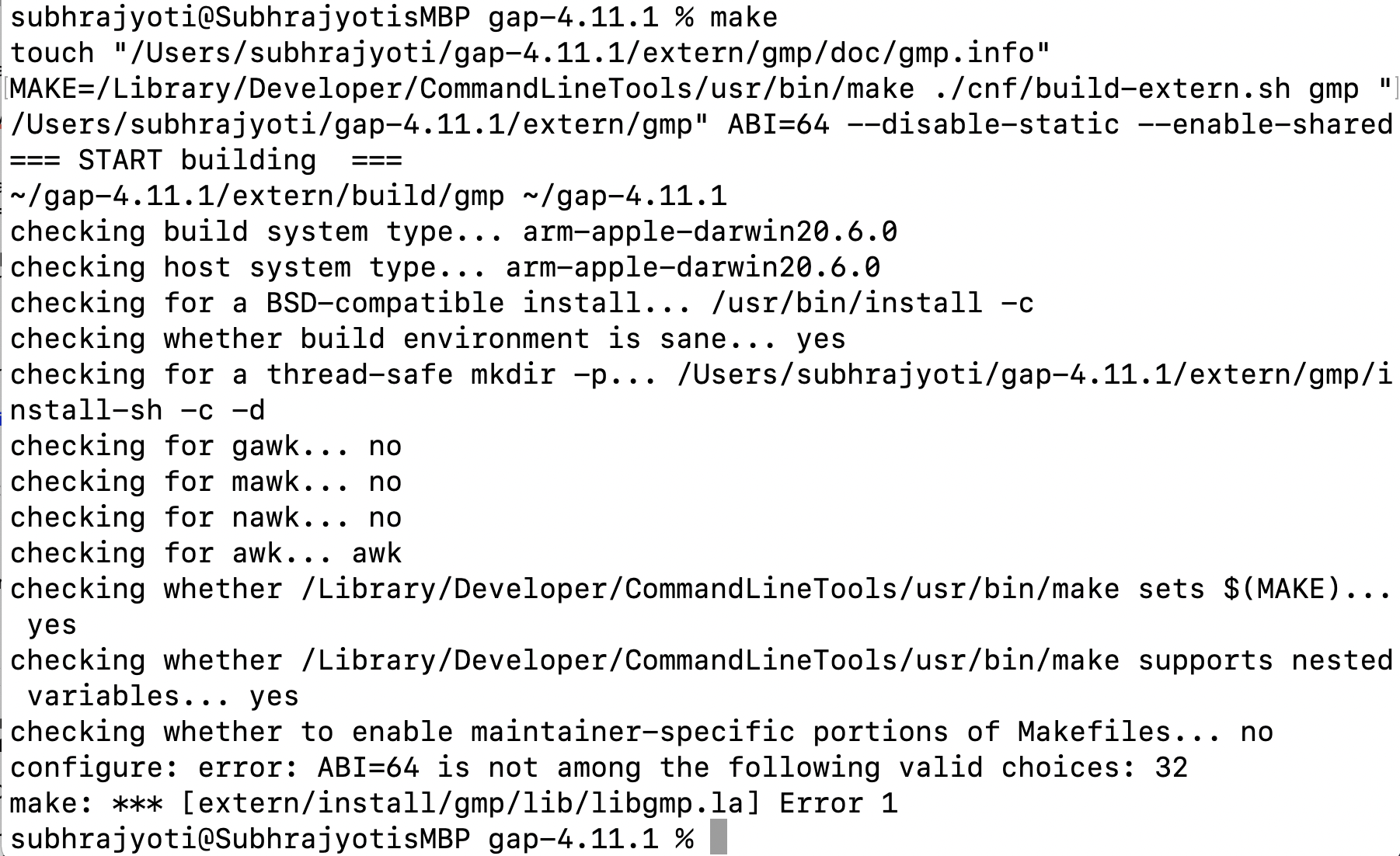 configure: error: ABI=64 is not among the following valid choices: 32 ...