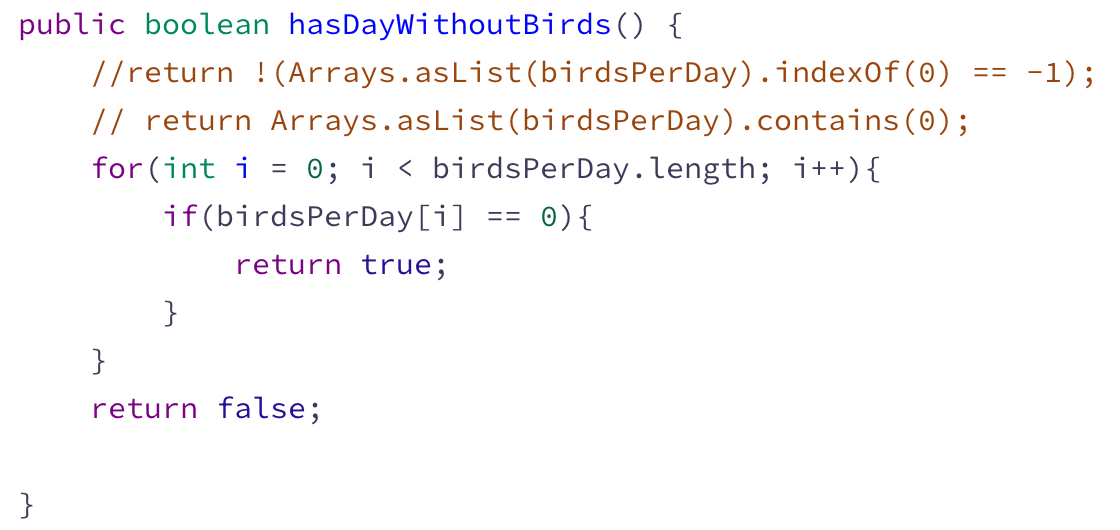 Bird Watcher exercise : hasDayWithoutBirds() · Issue #2077 · exercism/java · GitHub