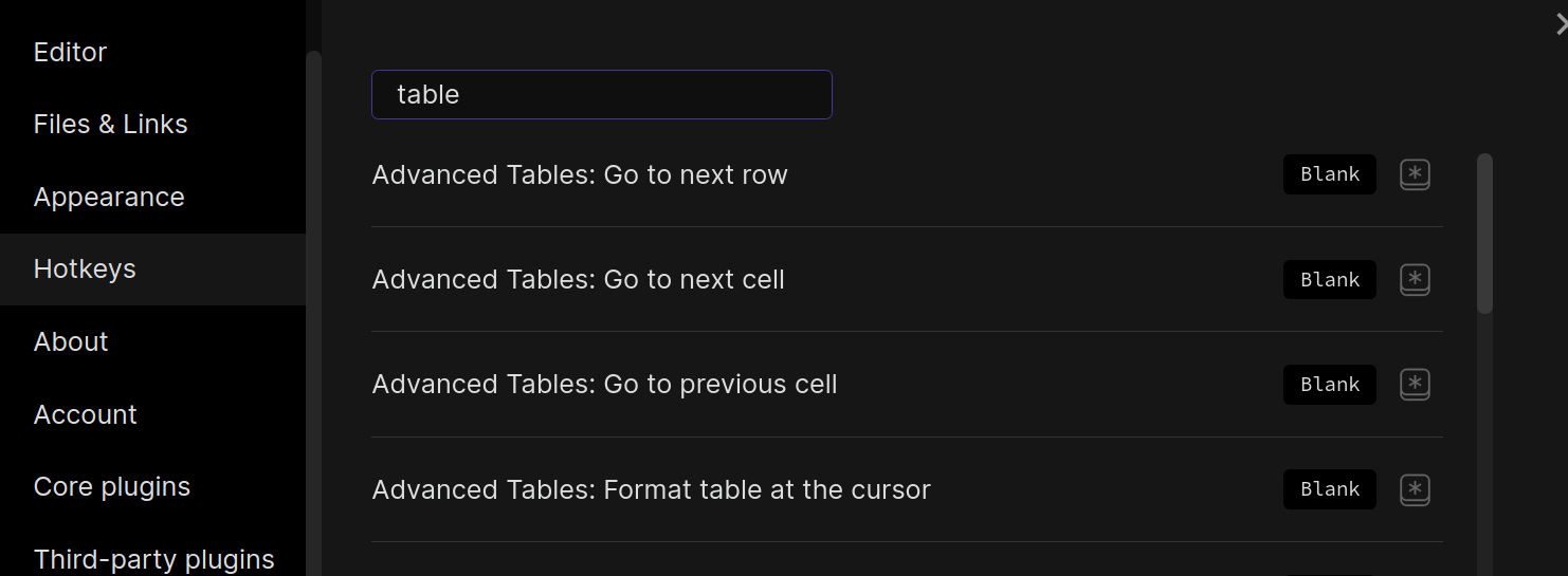 Hotkeys start blank · Issue #34 · tgrosinger/advanced-tables-obsidian · GitHub