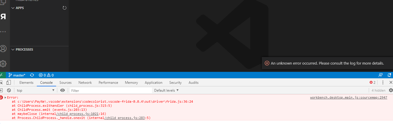 Error:c:\Users\.vscode\extensions\codecolorist.vscode-frida-0.0.4\out\driver\frida.js:36:24 ...