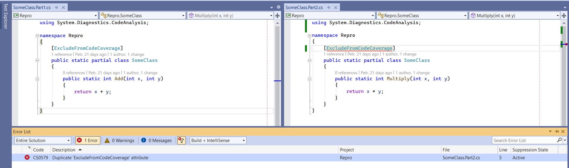 ExcludeFromCodeCoverage attribute is not handled correctly for partial classes · Issue #2314 ...
