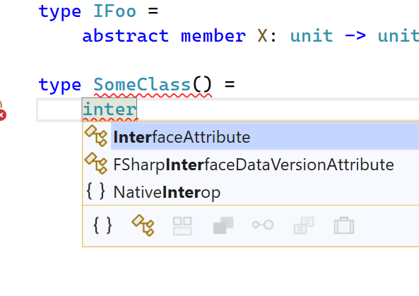 Offer `interface` keyword for classes in IntelliSense · Issue #15996 · dotnet/fsharp · GitHub