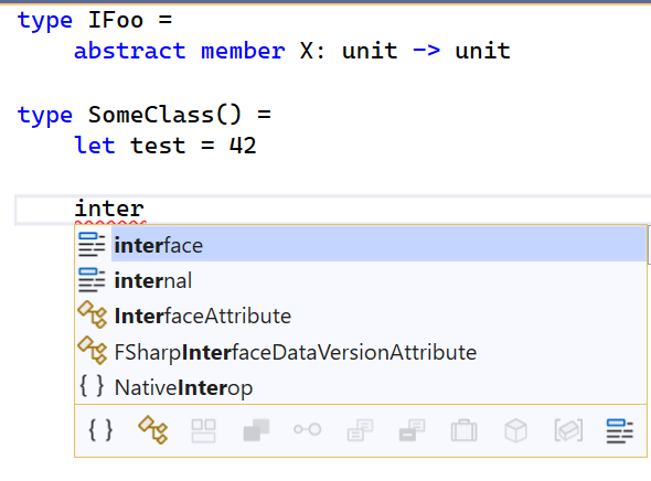 Offer `interface` keyword for classes in IntelliSense · Issue #15996 · dotnet/fsharp · GitHub