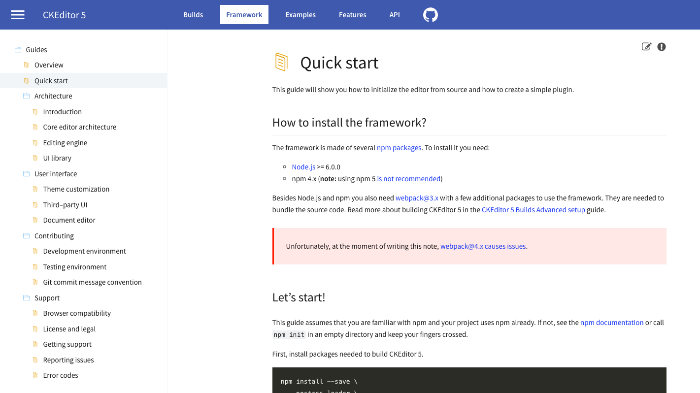 [Docs] Consider splitting Quick Start into two parts · Issue #1104 · ckeditor/ckeditor5 · GitHub