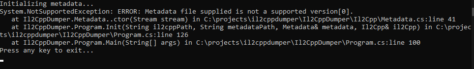 Metadata File Supplied is not supported Version · Issue #676 · Perfare/Il2CppDumper · GitHub