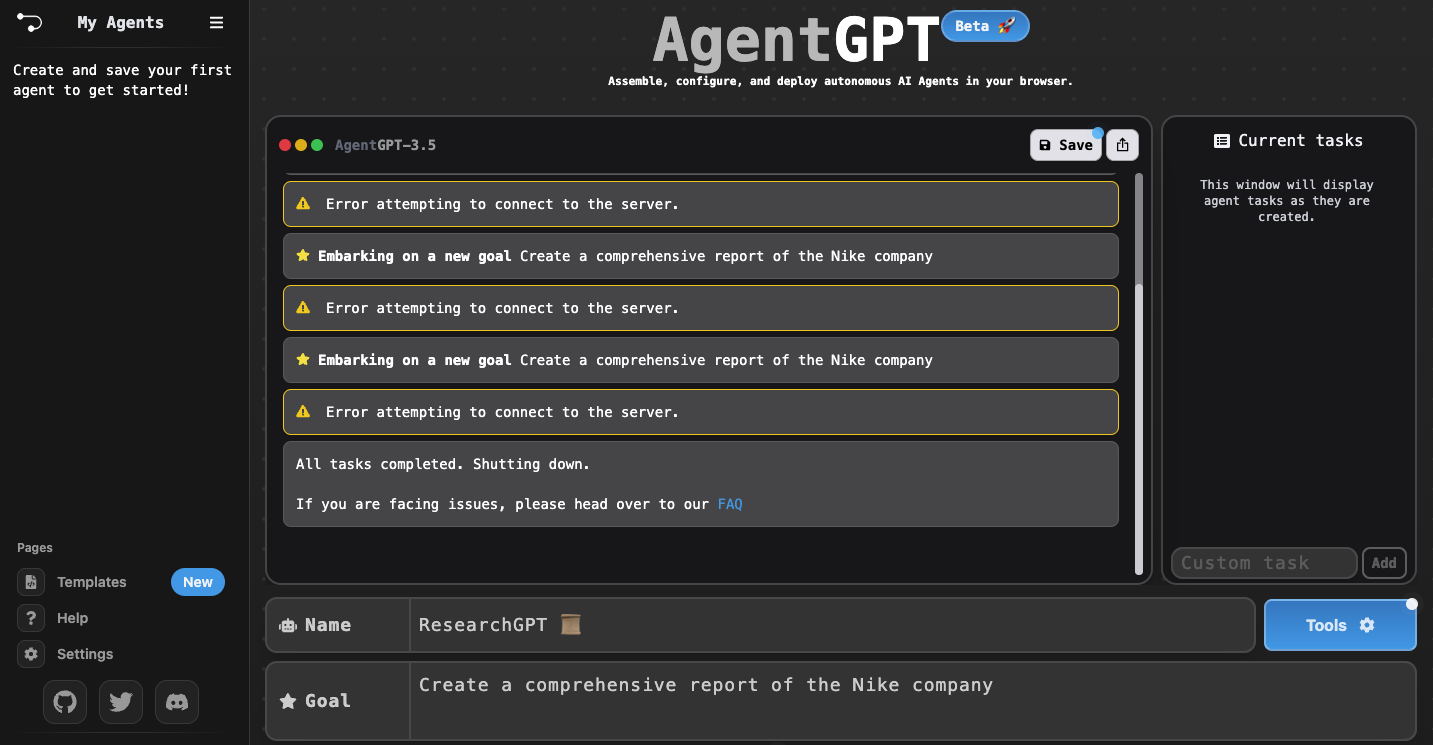 Error attempting to connect to the server. · Issue #928 · reworkd/AgentGPT · GitHub