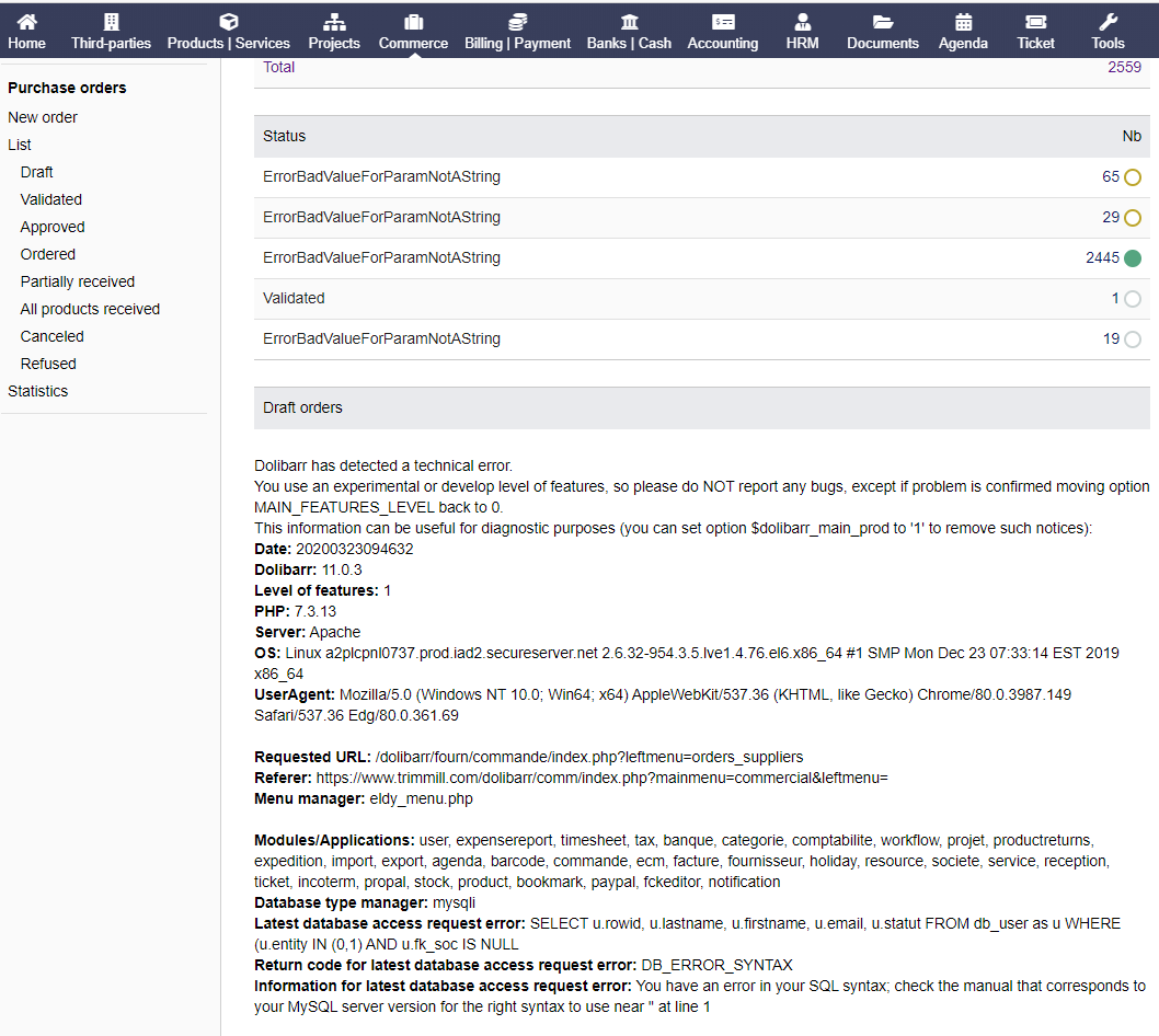 DB_ERROR_SYNTAX -Purchase Orders Area · Issue #13407 · Dolibarr/dolibarr · GitHub