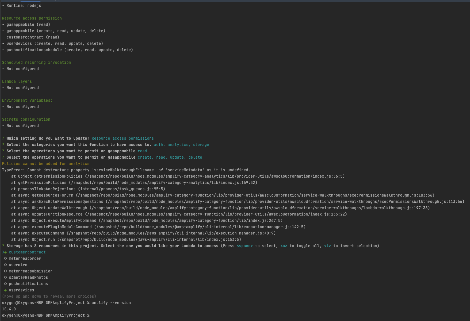amplify function update -> Cannot destructure property 'serviceWalkthroughFilename' of ...