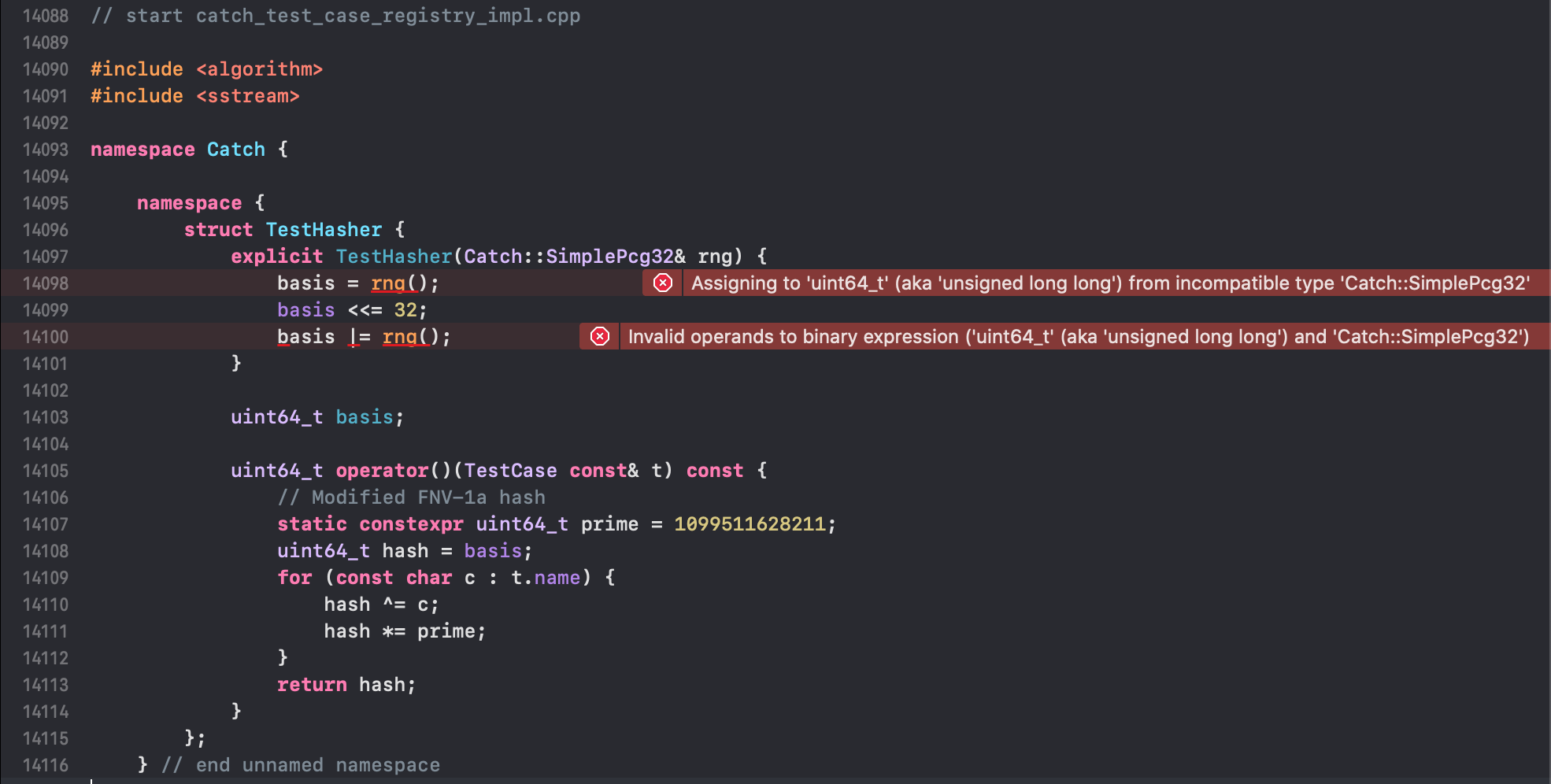 Cannot Convert Catch SimplePcg32 To uint64 t aka unsigned Long