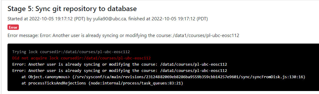 Error: Another user is already syncing or modifying the course: · Issue #6454 · PrairieLearn ...