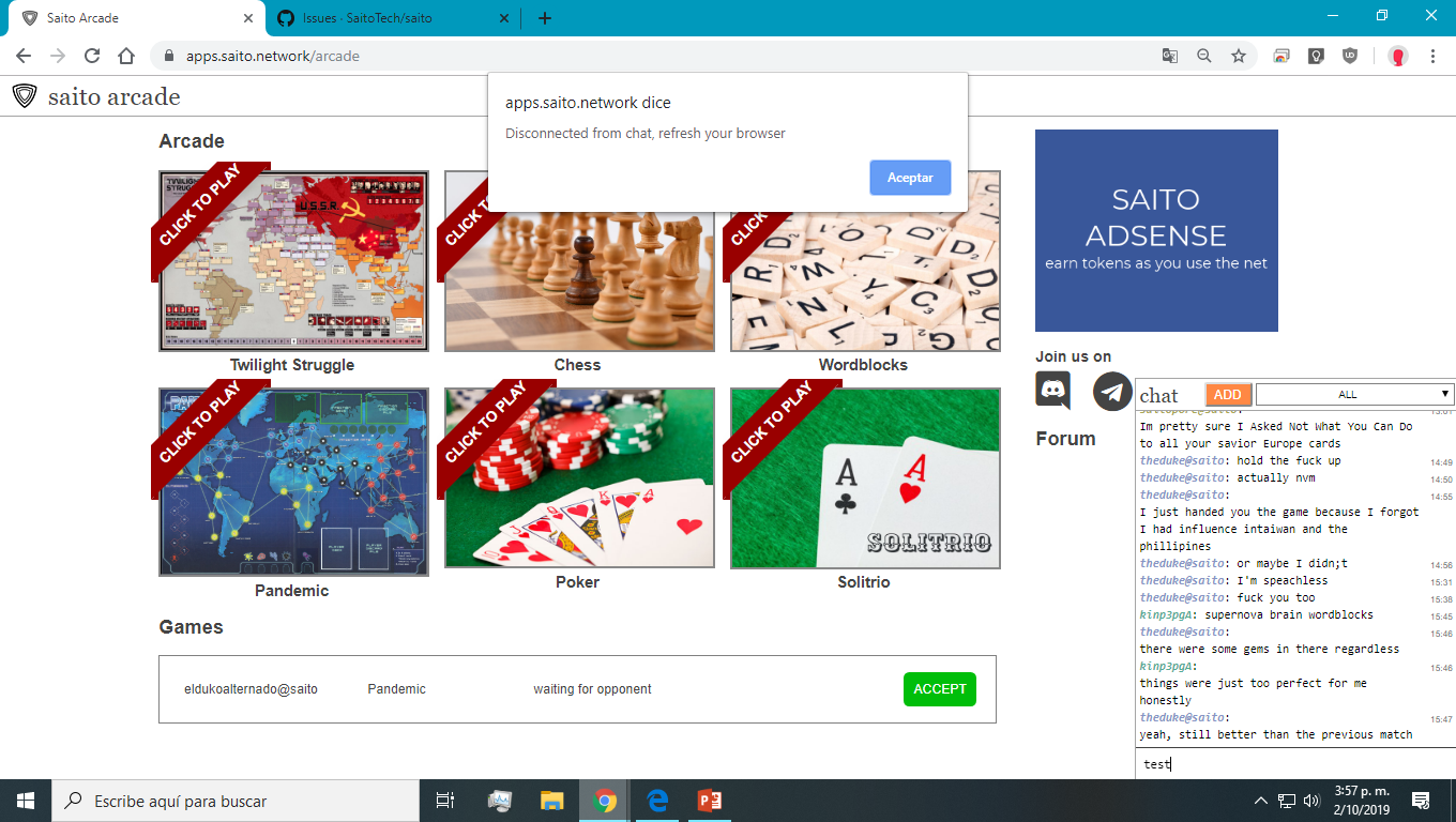 "Disconnected from chat, refresh your browser" error · Issue #83 · SaitoTech/saito · GitHub