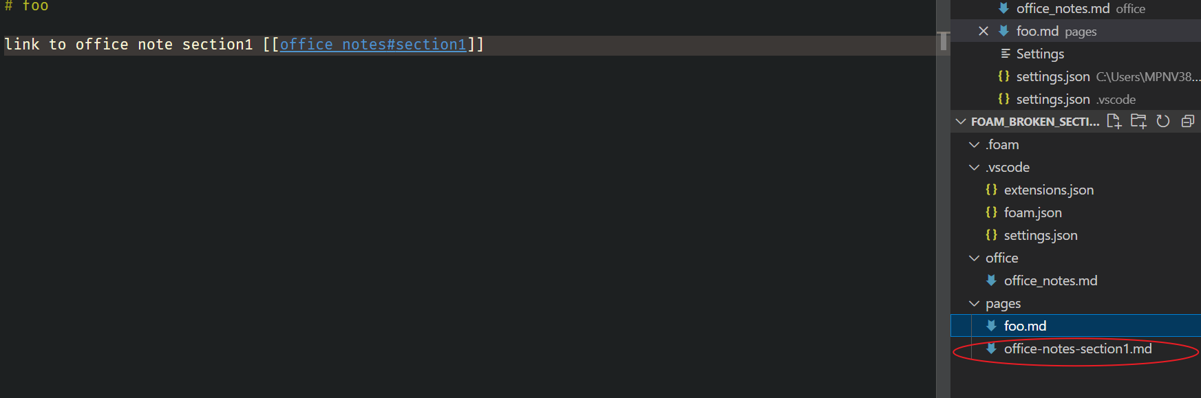 link to sections creates new file in addition to the linked section ...