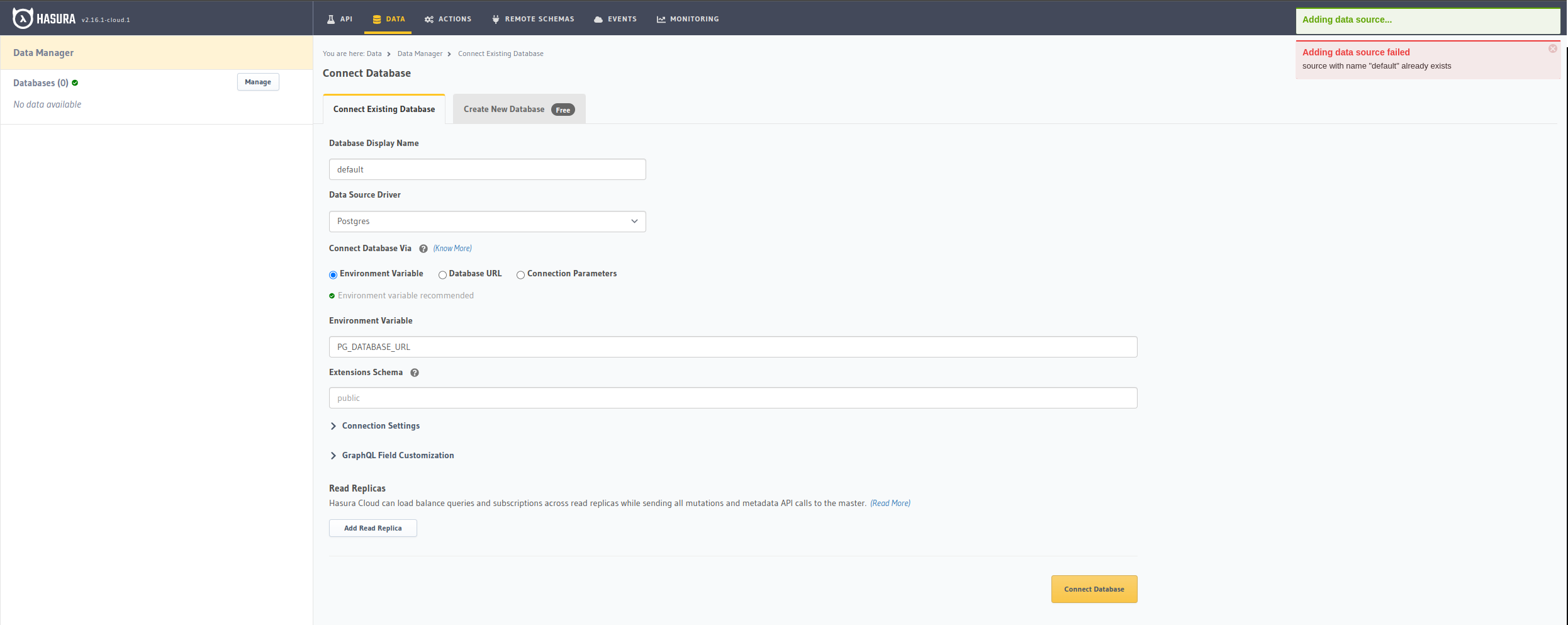 Unable To Connect Db With Same Name As A Recently Deleted Database · Issue 9331 · Hasura