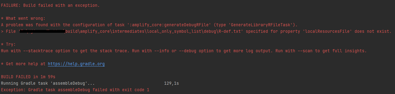 A problem was found with the configuration of task ':amplify_core:generateDebugRFile' (type ...