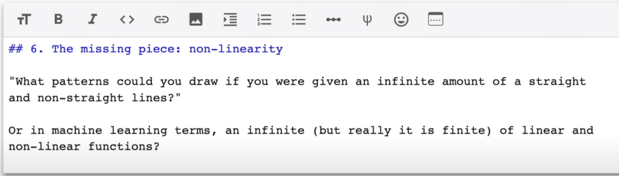 video number 79 on The missing piece : non-linearity, timestamp 11:54:40 · mrdbourke pytorch ...