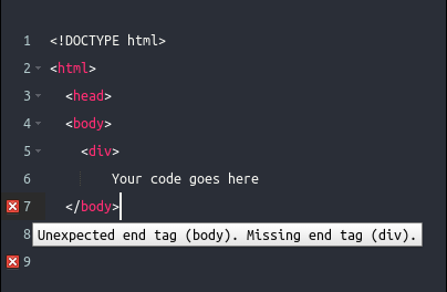 Need to show error if body/html end tags are missing similar to other ...